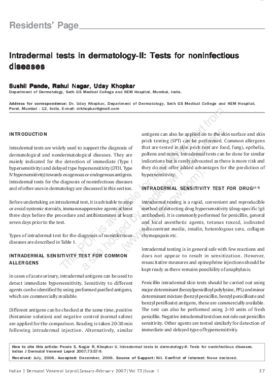 (PDF) Intradermal tests in dermatology-II: Tests for noninfectious ...