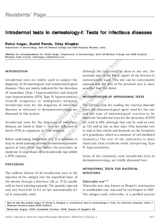 (PDF) Intradermal tests in dermatology-I: Tests for infectious diseases