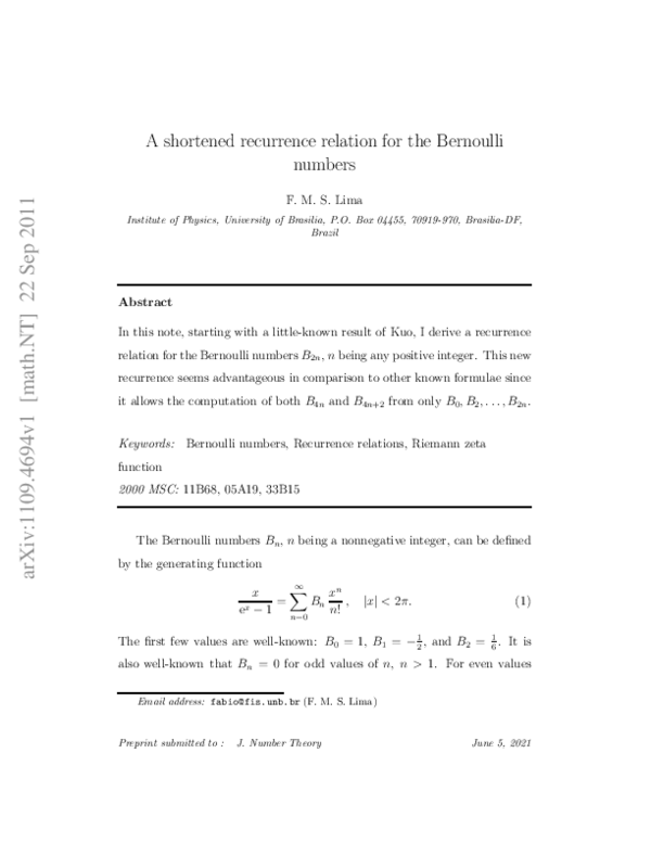 (PDF) Efficient Recurrence for Bernoulli Numbers