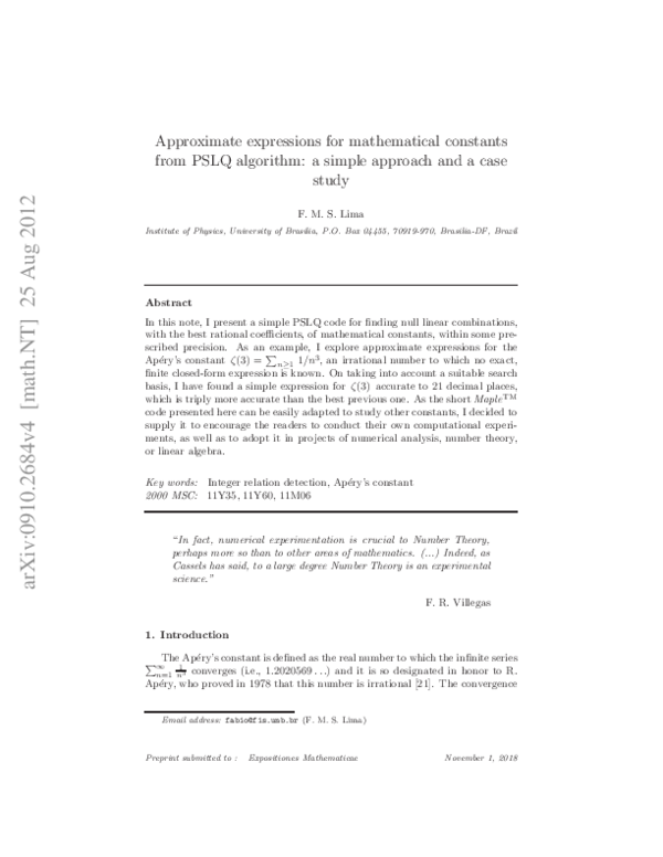 (PDF) Approximate expressions for mathematical constants from PSLQ algorithm: a simple approach ...