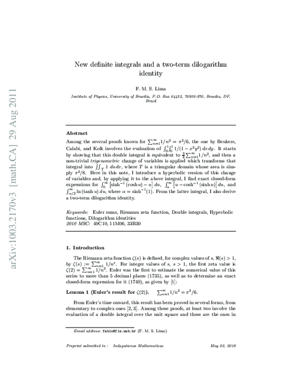 (PDF) New definite integrals and a two-term dilogarithm identity from a ...
