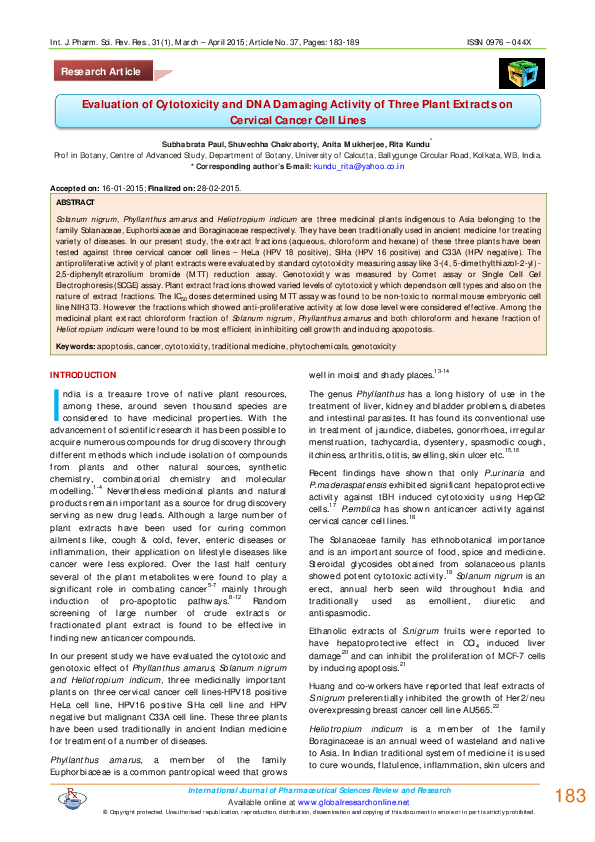 (PDF) Evaluation of Cytotoxicity and DNA Damaging Activity of Three Plant Extracts on Cervical ...