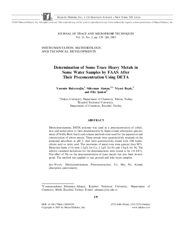 Pdf Determination Of Some Trace Heavy Metals In Some Water Samples By Faas After Their