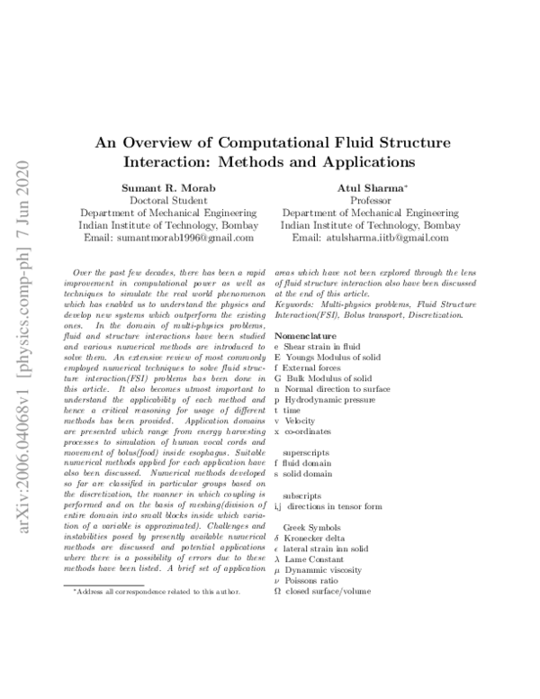 Pdf An Overview Of Computational Fluid Structure Interaction Methods