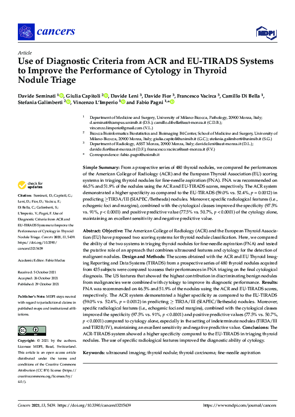 (PDF) Use of Diagnostic Criteria from ACR and EU-TIRADS Systems to Improve the Performance of ...