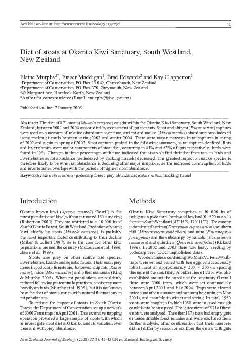 (PDF) Diet of stoats at Okarito Kiwi Sanctuary, South Westland, New Zealand