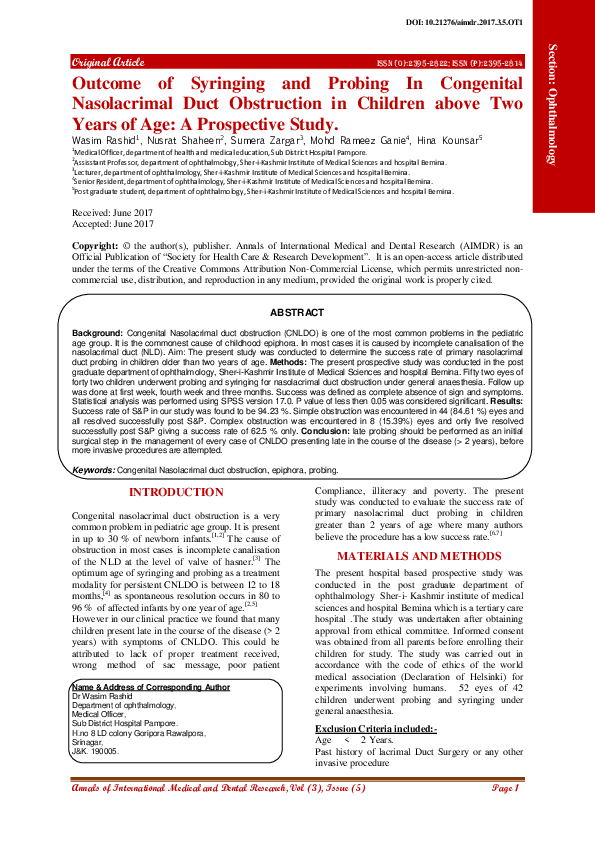 (PDF) Outcome of Syringing and Probing In Congenital Nasolacrimal Duct ...