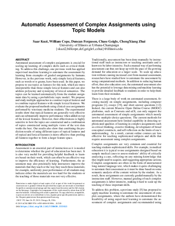 (PDF) Automatic Assessment of Complex Assignments using Topic Models