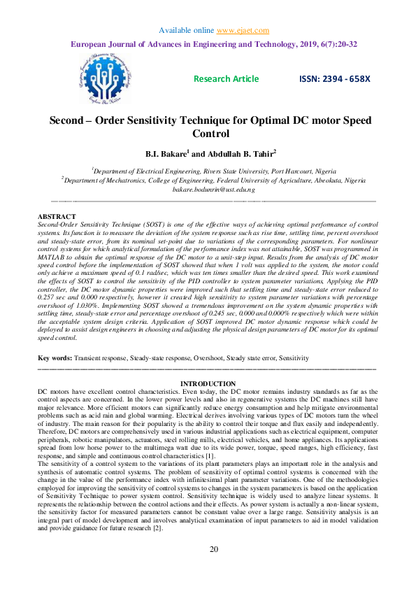 (PDF) Second -Order Sensitivity Technique for Optimal DC motor Speed ...