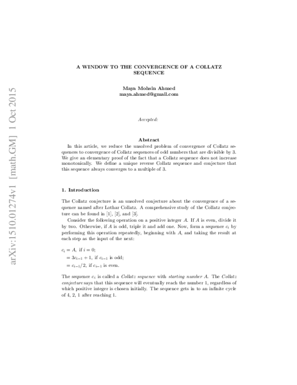 (PDF) A window to the Convergence of a Collatz Sequence