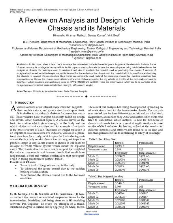 (PDF) A Review on Analysis and Design of Vehicle Chassis and its Materials