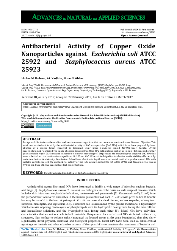 (PDF) Antibacterial Activity of Copper Oxide Nanoparticles against ...