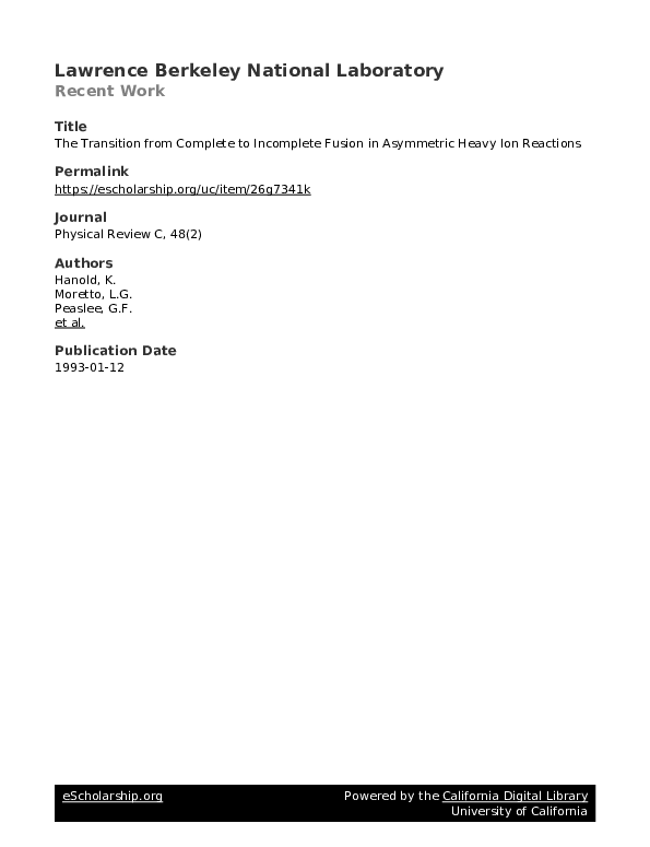 (PDF) Incomplete Fusion in Asymmetric Heavy Ion Reactions