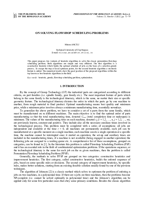 Pdf On Solving Flowshop Scheduling Problems M Ancău