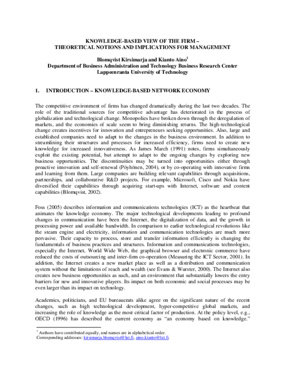 (PDF) KNOWLEDGE-BASED VIEW OF THE FIRM – THEORETICAL NOTIONS AND ...