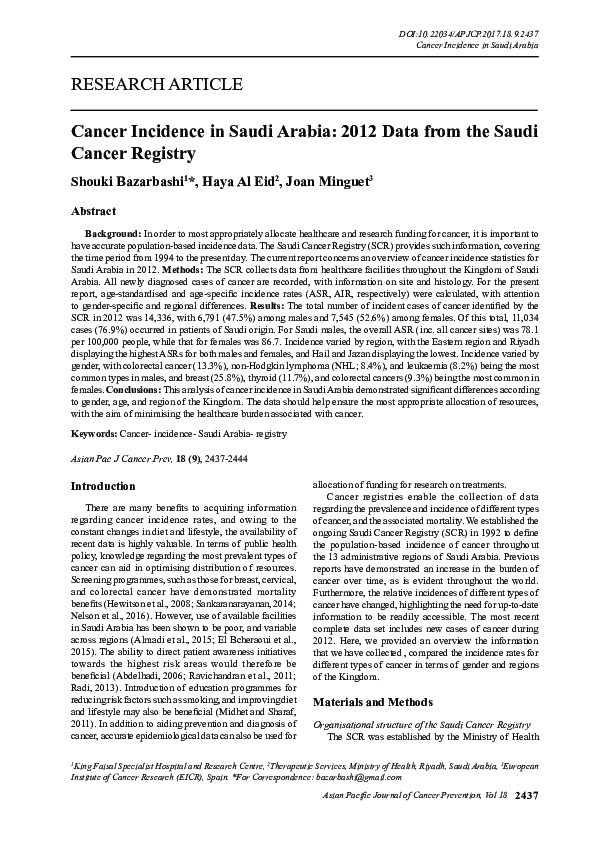 (PDF) Cancer Incidence in Saudi Arabia: 2012 Data from the Saudi Cancer Registry