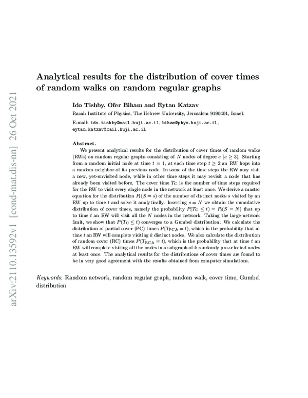 (PDF) Analytical results for the distribution of cover times of random walks on random regular ...
