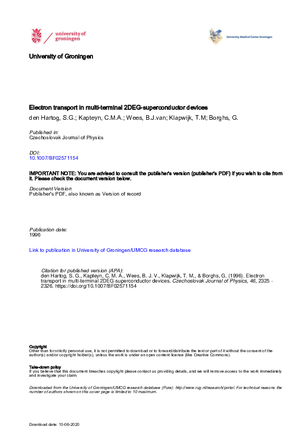 (PDF) Electron transport in multi-terminal 2DEG-superconductor devices