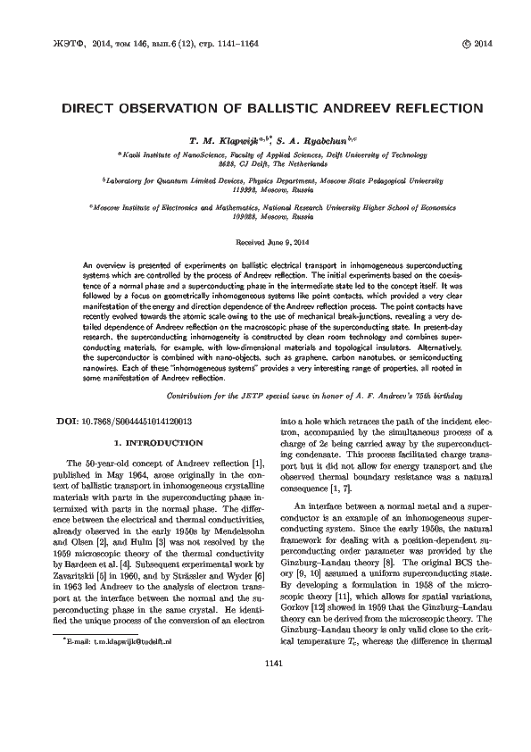 (PDF) Direct Observation of Ballistic Andreev Reflection | tm klapwijk ...