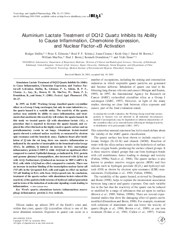 (PDF) Aluminium Lactate Treatment of DQ12 Quartz Inhibits Its Ability ...