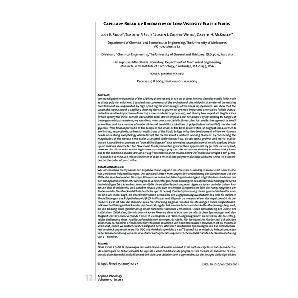 (PDF) Capillary Break-Up Rheometry of Low-Viscosity Elastic Fluids