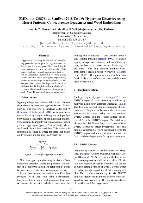 (PDF) UMDuluth-CS8761 at SemEval-2018 Task9: Hypernym Discovery using Hearst Patterns, Co ...