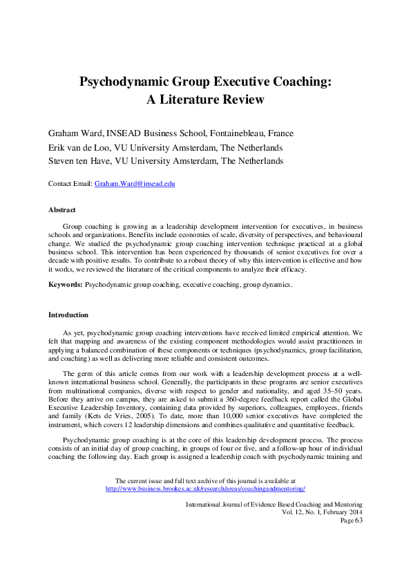(PDF) Psychodynamic Group Executive Coaching: a Literature Review