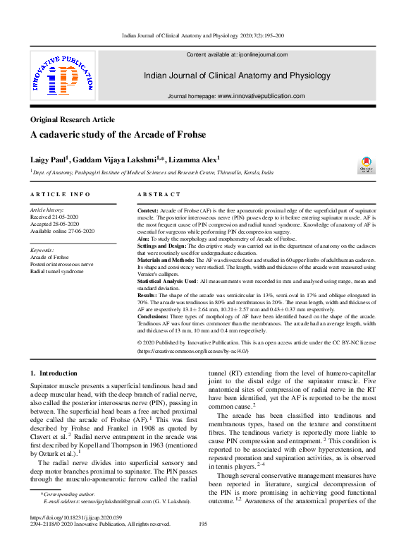 (PDF) A cadaveric study of the Arcade of Frohse