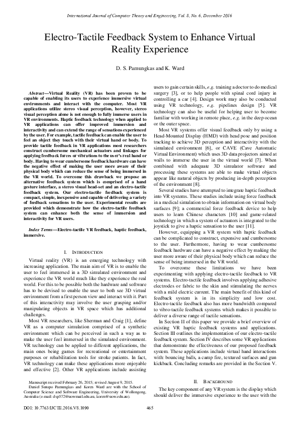 (PDF) Electro-Tactile Feedback System to Enhance Virtual Reality Experience