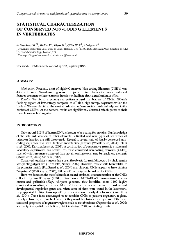 Pdf Statistical Characterization Of Conserved Non Coding Elements In