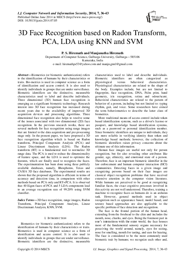 Pdf 3d Face Recognition Based On Radon Transform Pca Lda Using Knn
