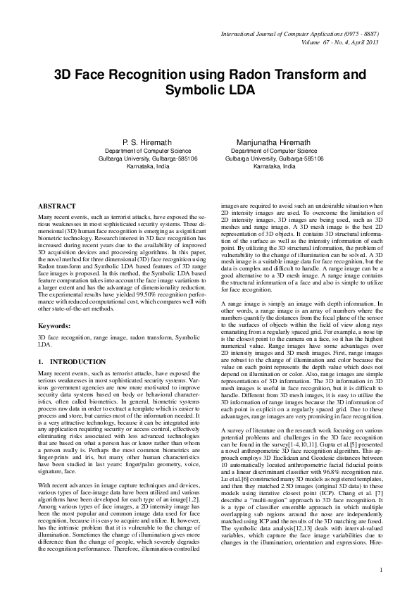 (PDF) 3D Face Recognition Using Radon Transform and Symbolic LDA