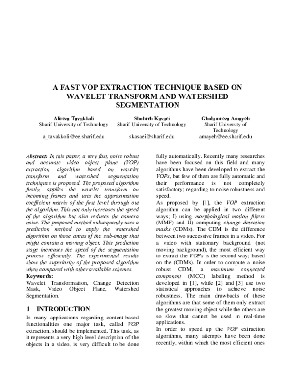 (PDF) A Fast Vop Extraction Technique Based on Wavelet Transform and Watershed Segmentation