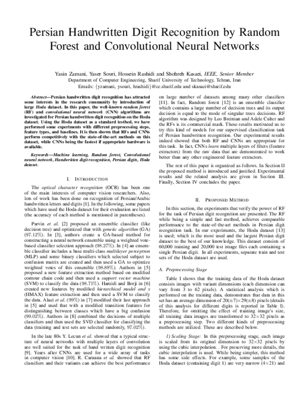 Pdf Persian Handwritten Digit Recognition By Random Forest And Convolutional Neural Networks