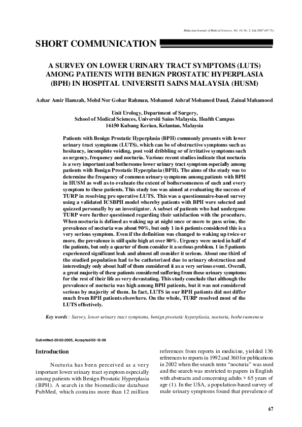 (PDF) A survey on lower urinary tract symptoms (LUTS) among patients ...