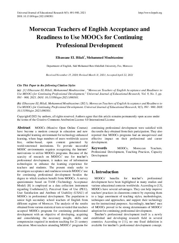 (PDF) Moroccan Teachers of English Acceptance and Readiness to Use MOOCs for Continuing ...