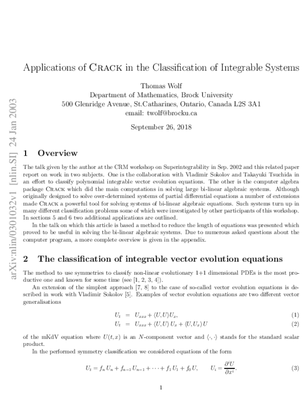 (PDF) Applications of CRACK in the Classification of Integrable Systems