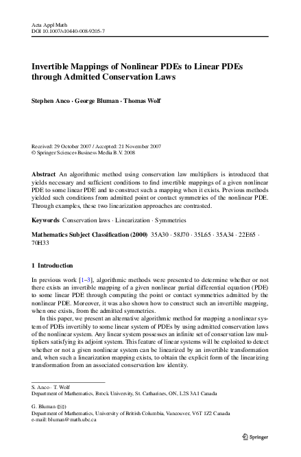 (PDF) Invertible Mappings of Nonlinear PDEs to Linear PDEs through ...