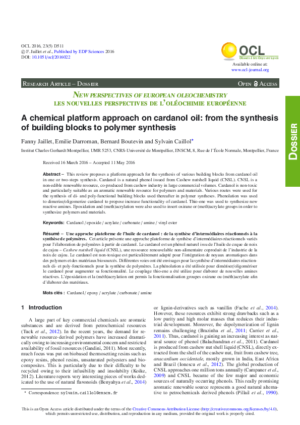 (PDF) A chemical platform approach on cardanol oil: from the synthesis ...