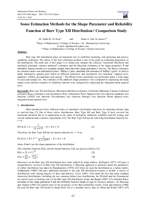 Pdf Some Estimation Methods For The Shape Parameter And Reliability