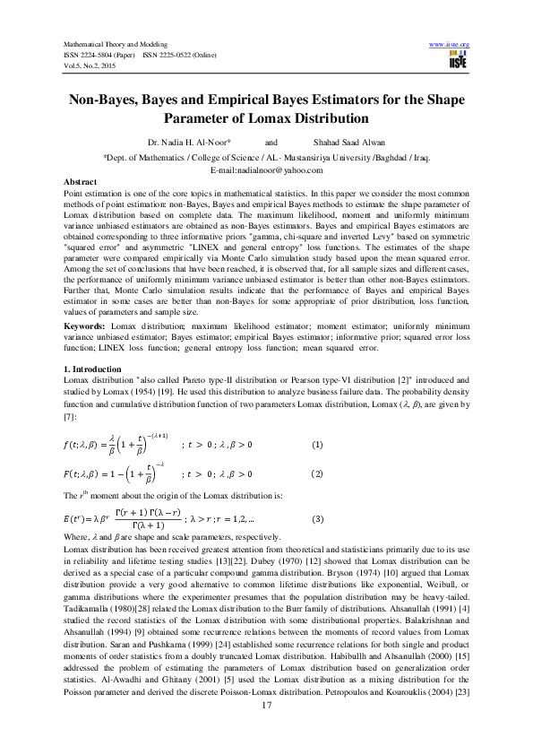 (PDF) Non-Bayes, Bayes and Empirical Bayes Estimators for the Shape Parameter of Lomax Distribution