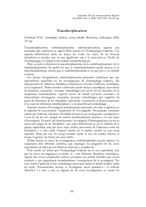 (PDF) Transdisciplinarietat. Christoph Wulf: "Antropología: Historia ...