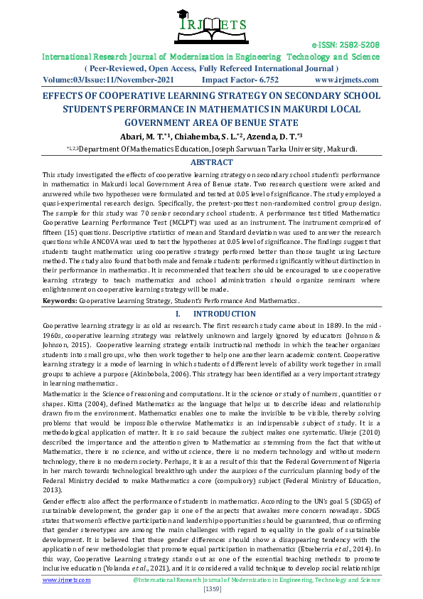 (PDF) EFFECTS OF COOPERATIVE LEARNING STRATEGY ON SECONDARY SCHOOL ...