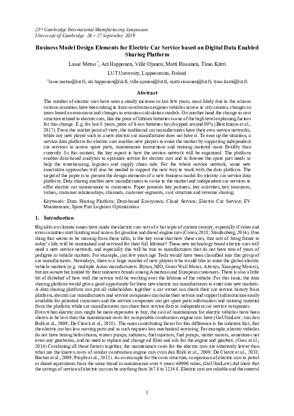 (PDF) Business model design elements for electric car service based on ...