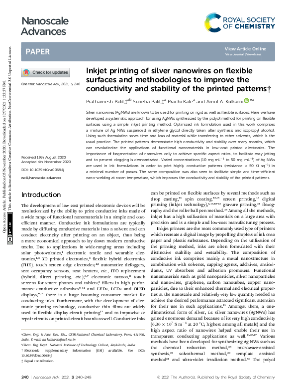 (PDF) Inkjet printing of silver nanowires on flexible surfaces and ...