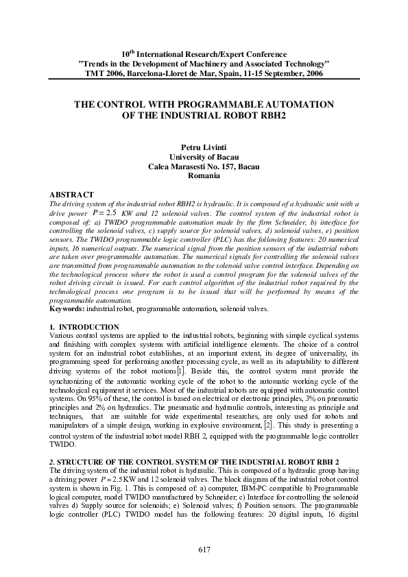 (PDF) The Control with Programmable Automation of the Industrial Robot RBH2