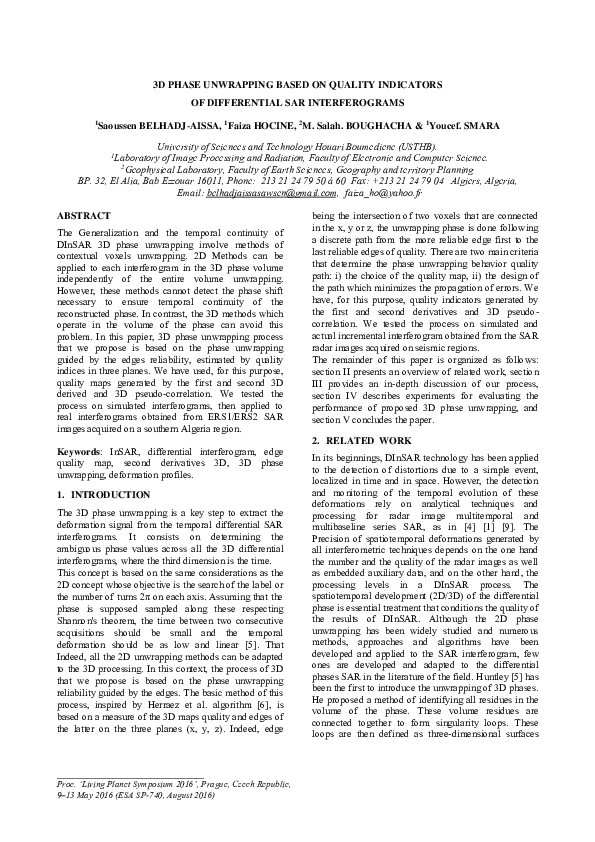 Pdf 3d Phase Unwrapping Based On Quality Indicators Of Differential Sar Interferograms
