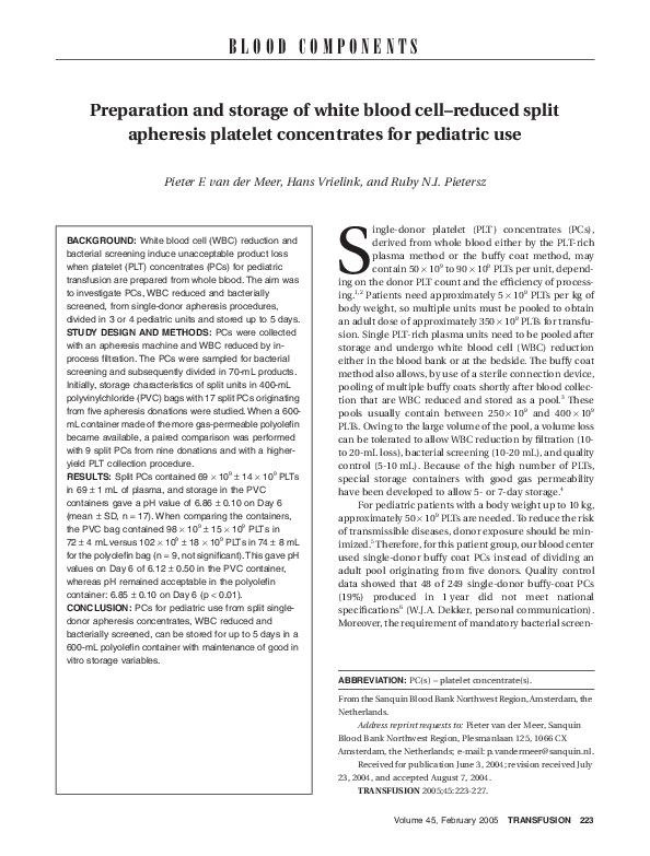 (PDF) Preparation and storage of white blood cell-reduced split ...