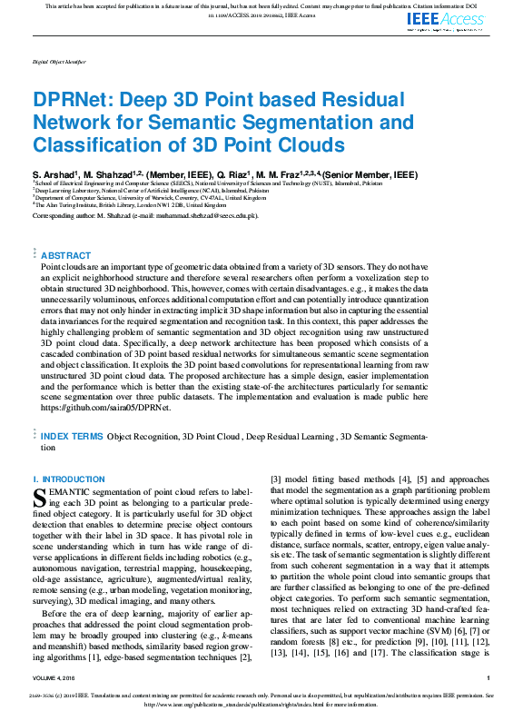 Pdf Dprnet Deep 3d Point Based Residual Network For Semantic Segmentation And Classification