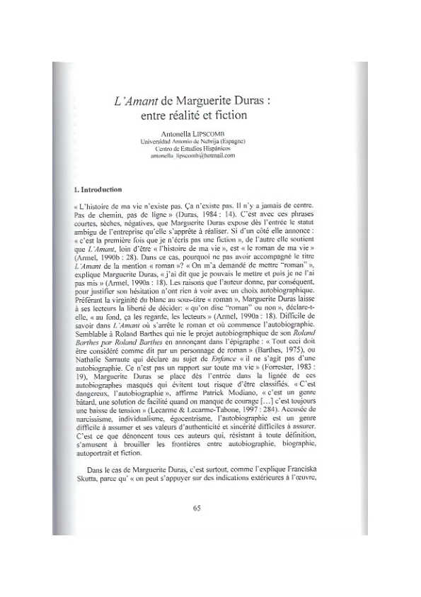 (PDF) L'Amant" de Marguerite Duras: entre réalité et fiction